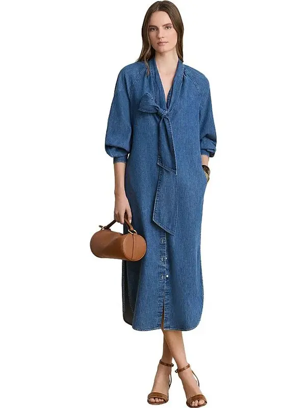 Ralph Lauren Cotton Denim Tie Neck Shirt Dress - Blue