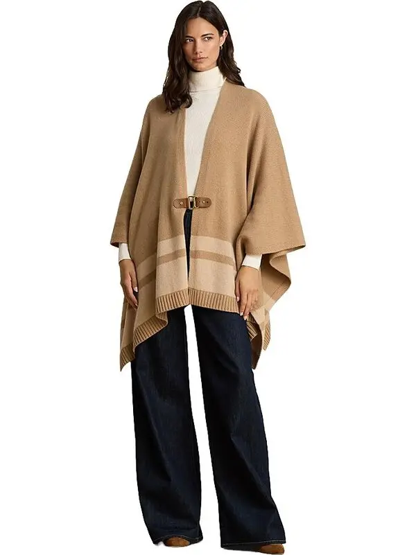 Ralph Lauren Buckle Trim Wool And Cashmere Poncho Sweater - Camel Multi