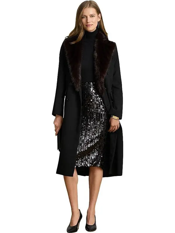Ralph Lauren Faux Fur Trim Double Breasted Crepe Coat - Black