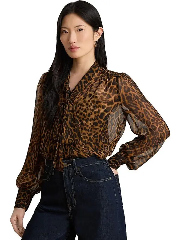 Ralph Lauren Printed Chiffon Tie Neck Blouse - Tan Multi