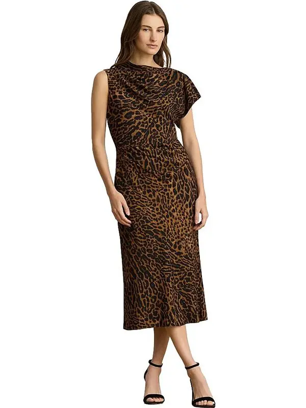 Ralph Lauren Single Sleeve Pleated Crepe Dress - Tan Multi