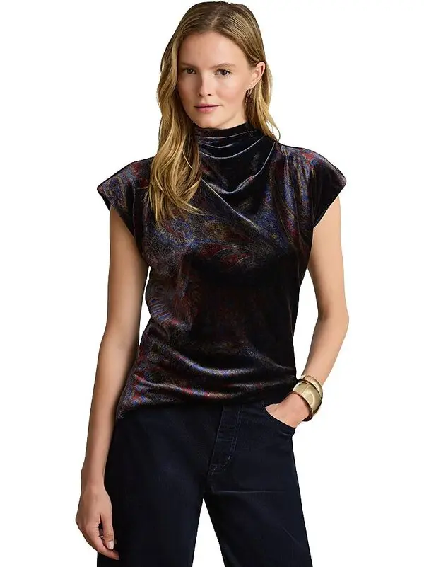 Ralph Lauren Printed Mock Neck Velvet Cap Sleeve Blouse - Navy Multi