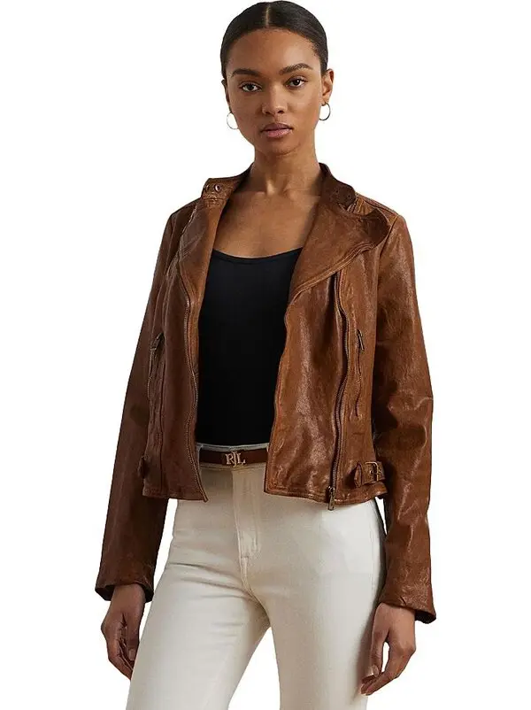 Ralph Lauren Burnished Leather Moto Jacket - Dark Walnut