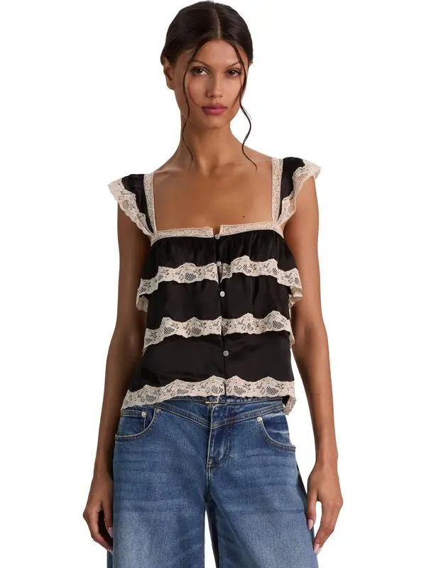 Alice + Olivia Sylvie Tiered Lace Crop Top - Black
