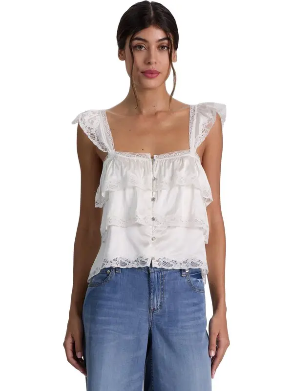 Alice + Olivia Sylvie Tiered Lace Crop Top - Vanilla