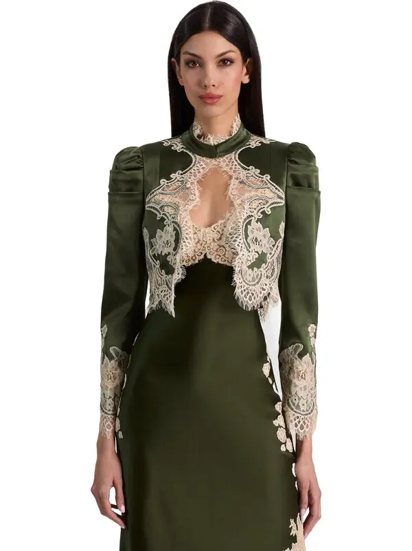 Alice + Olivia Thomasina Lace Cropped Jacket - Dark Fern