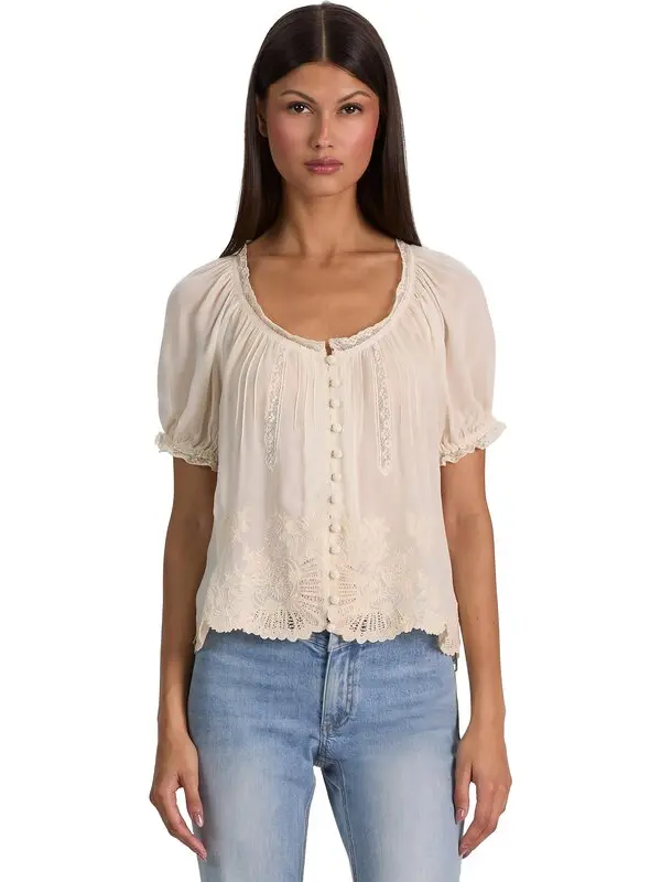 Alice + Olivia Odette Emrboidered Puff Sleeve Top - Vanilla/vanilla
