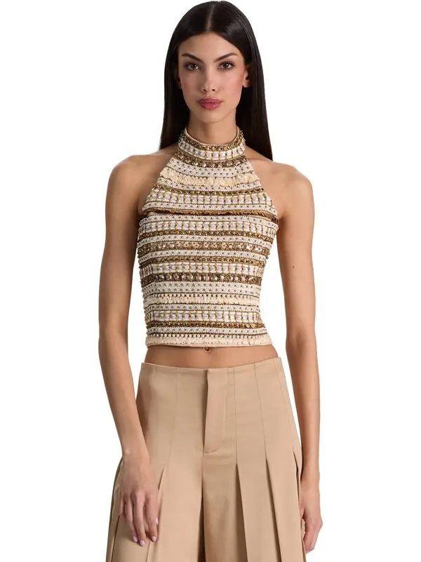 Alice + Olivia Gatz Linen Embellished Top - Oatmeal/multi