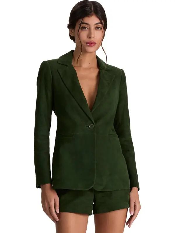 Alice + Olivia Macey Suede Notch Collar Fitted Blazer - Dark Fern