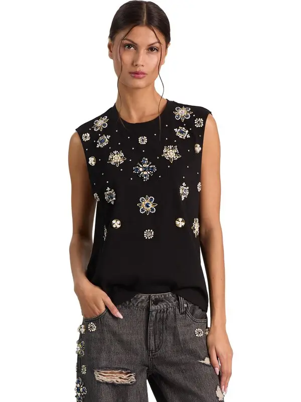 Alice + Olivia Micah Embellished Muscle Tank - Black/multi
