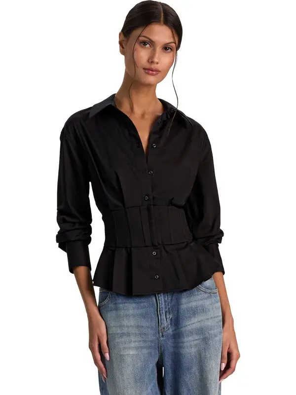 Alice + Olivia Edie Gathered Corset Button Down Top - Black