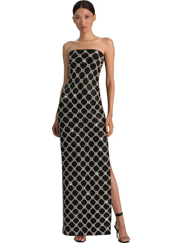 Alice + Olivia Delora Embellished Strapless Gown - Black/silver