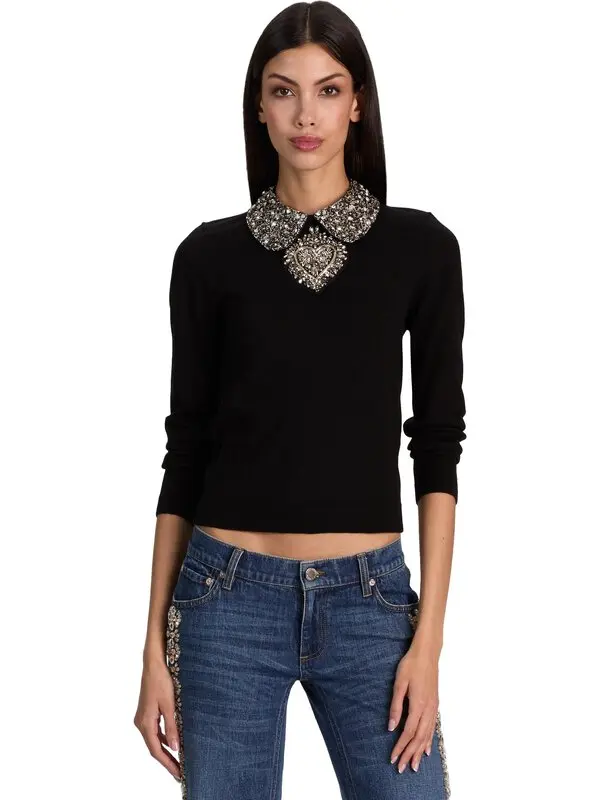 Alice + Olivia Porla Embellished Collared Sweater - Black/silver