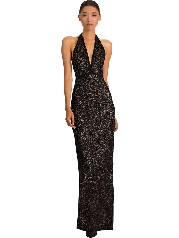 Alice + Olivia Estelle Foil Lace Halter Maxi Dress - Black