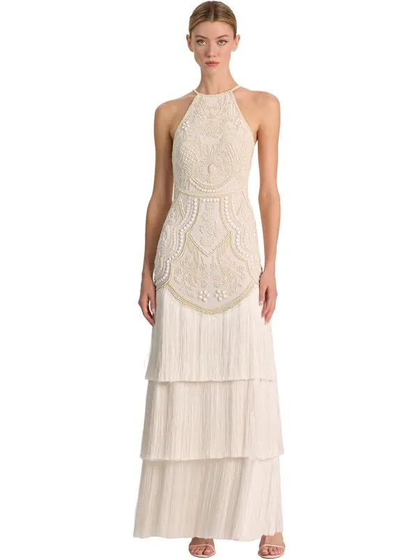 Alice + Olivia Giulia Embellished Halter Fringe Midi Dress - Vanilla
