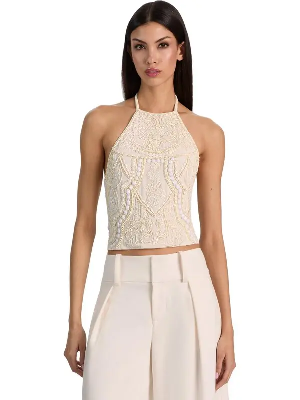 Alice + Olivia Gatz Embellished Halter Cropped Top - Vanilla
