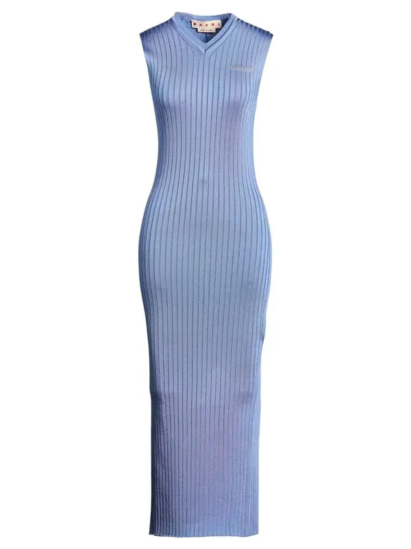 Marni V-neck Sleeveless Ribbed Knit Midi Dress - Blue