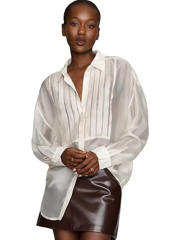 Anthropologie Sheer Sat Tuxedo Blouse - Ivory