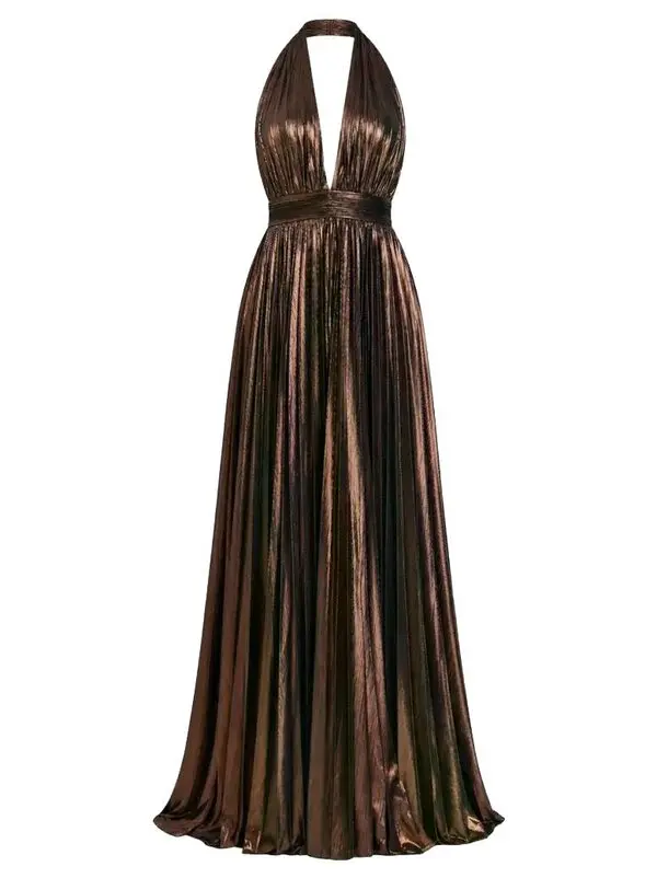Retrofete Jadda Metallic Pleated Maxi Dress - Brown