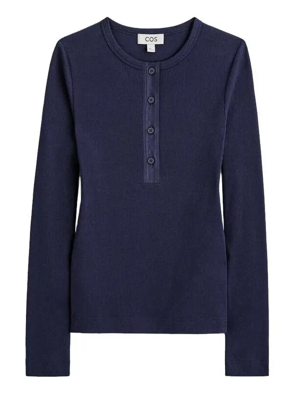 Cos Ribbed Cotton Henley Top - Blue