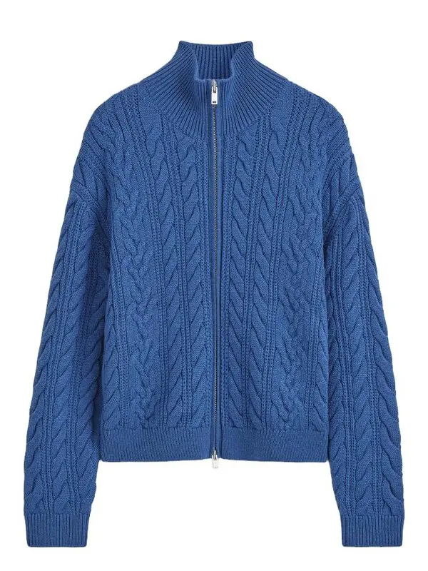 Cos Cable-knit Wool Mock-neck Zip-up Jacket - Blue