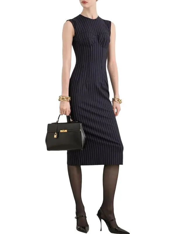Dolce & Gabbana Sleeveless Pin Wool Midi Sheath Dress - Striped