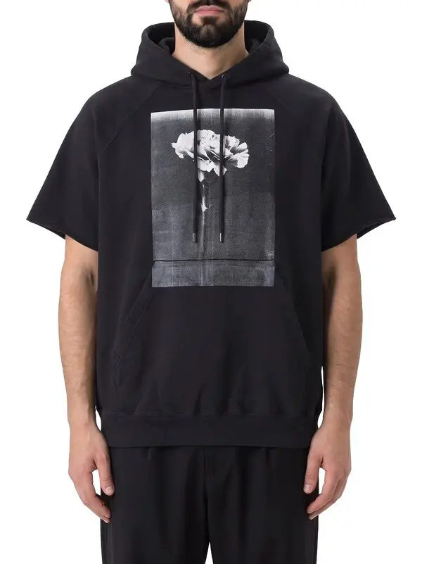 Balenciaga Short-sleeved Graphic Print Cotton Hoodie - Black