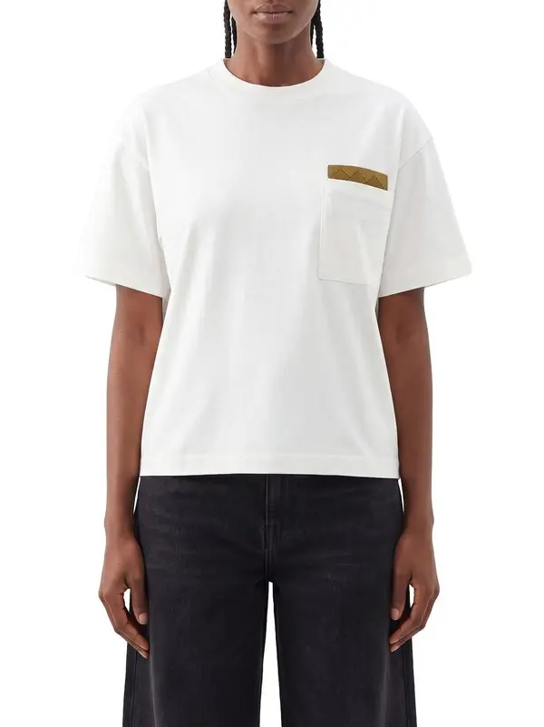 Bottega Veneta Cotton T-shirt With Leather Inserts And Patch Pocket - White