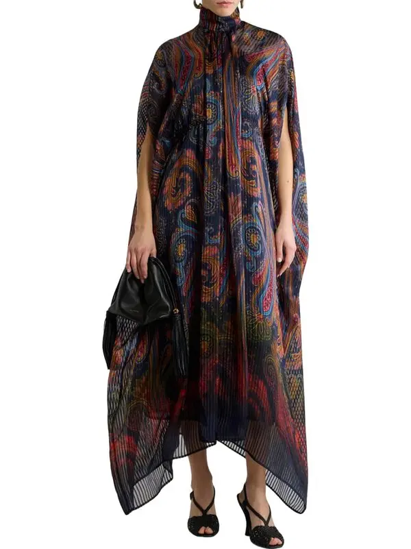 Etro Long Paisley Print Silk Caftan With High Neck - Multicolor