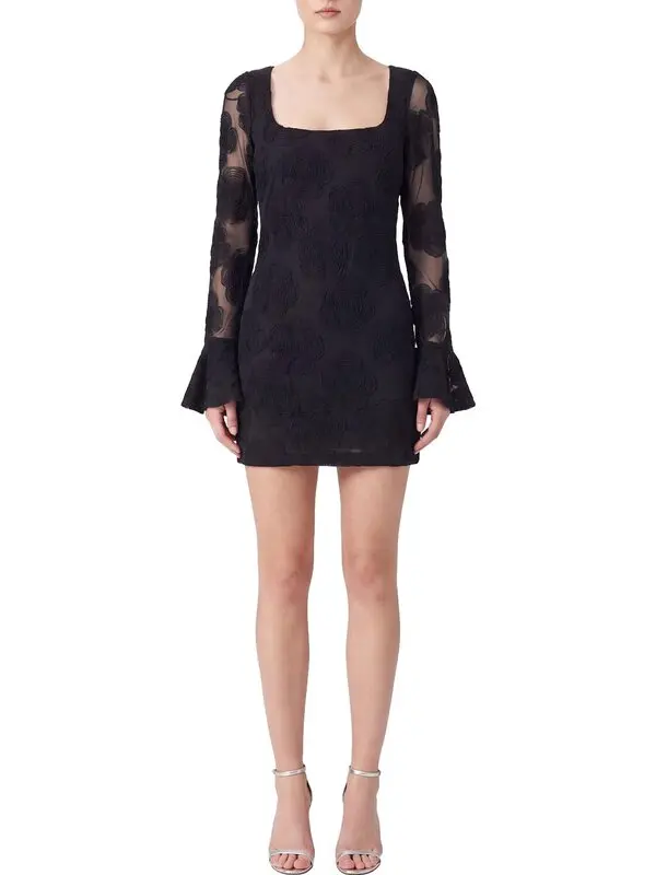 ROTATE BY BIRGER CHRISTENSEN Floral Mesh Sheath Mini Dress With Long Sleeves - Black