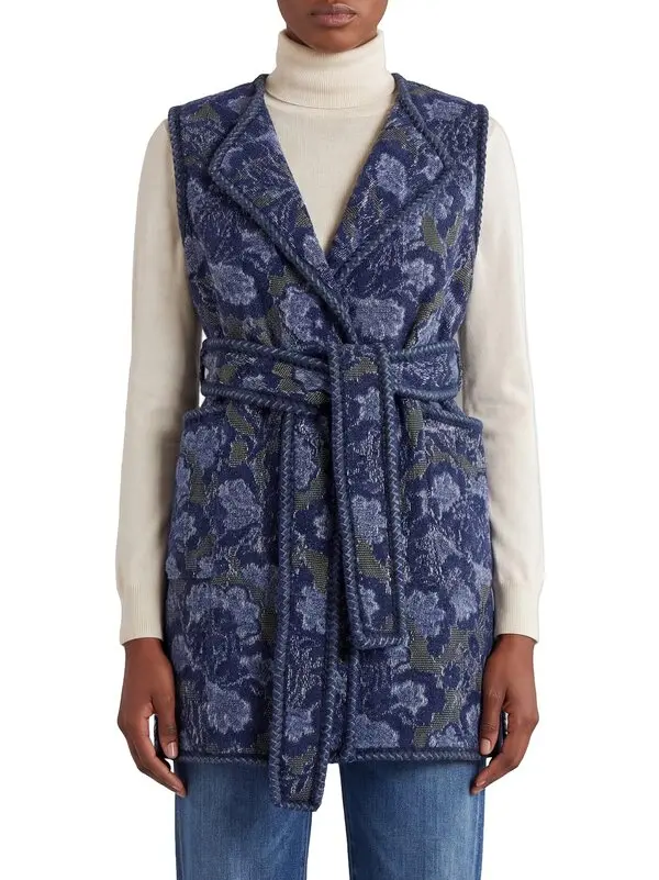 Etro Floral Print Cotton Robe Waistcoat With Waist Belt - Blue