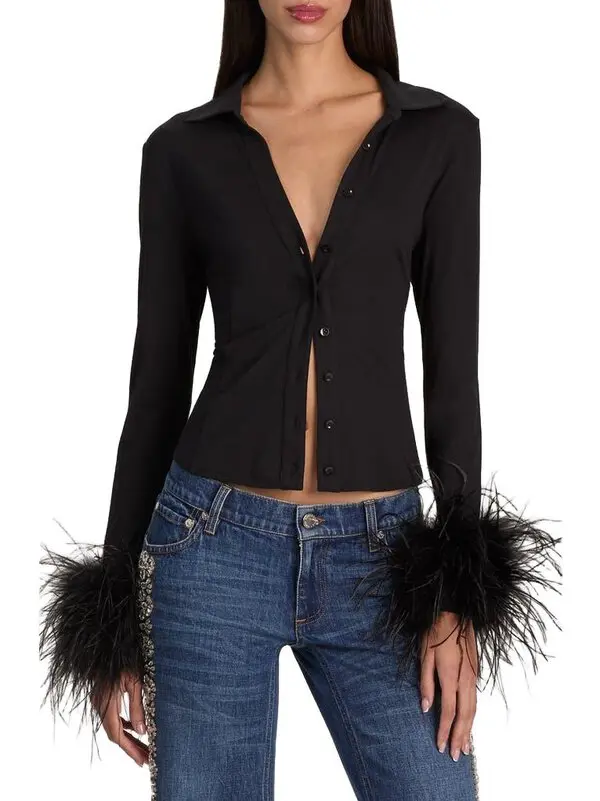 Alice + Olivia Freya Button Down Top With Feather Cuffs - Black