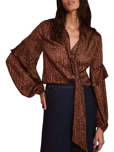 Mint Velvet Floral Print Pussybow Blouse - Brown