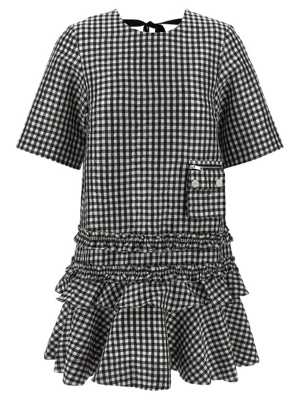 GANNI Crinkled Taffeta Check' Dress - White/black