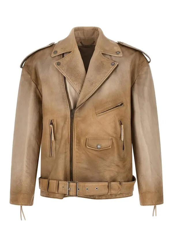 GOLDEN GOOSE Leather Biker Jacket With Distressed Finish - Beige