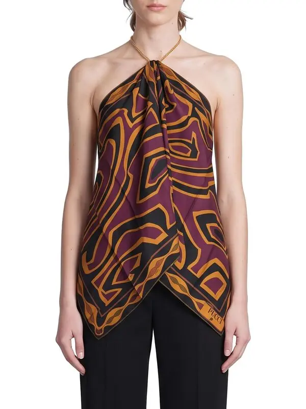Emilio Pucci Asymmetrical Abstract Print Silk Halterneck Top - Burgundy