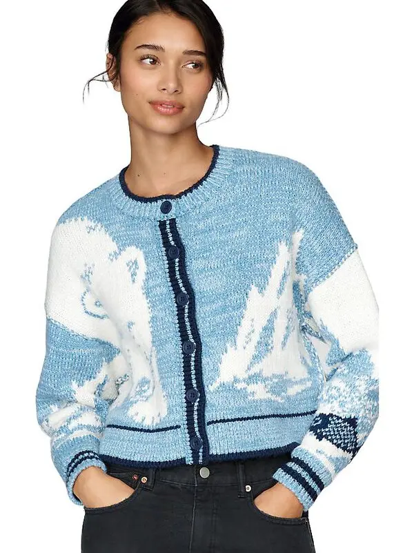 Anthropologie Pilcro Cotton Wool Blend Polar Bear Tarsia Cardigan - Pale Blue Pattern