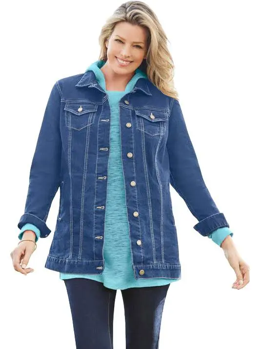 WOMAN WITHIN Long Stretch Denim Jean Jacket - Medium Stonewash