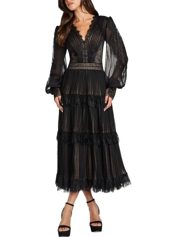 Tadashi Shoji V-neck Lace Midi Dress - Black/nude