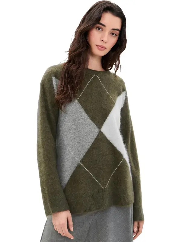 Theory Airy Brushed Argyle Pullover - Olive Multi