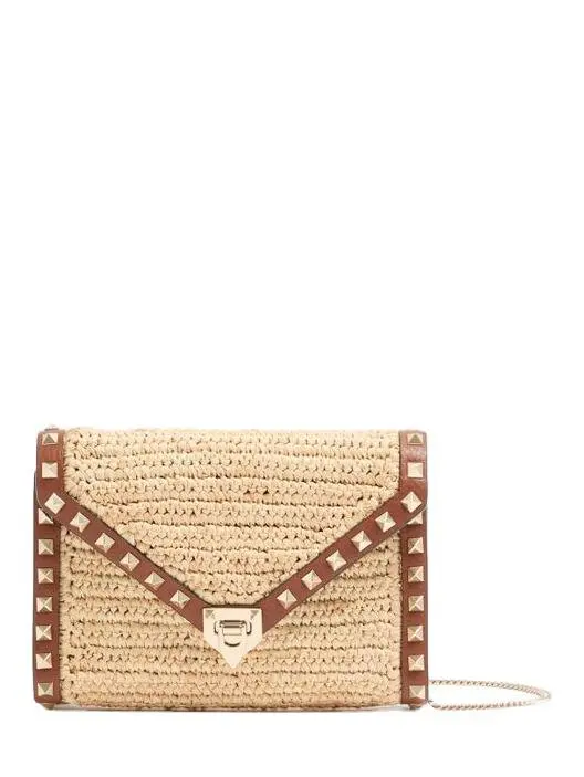 Valentino Garavani Rockstud Mini Raffia Shoulder Bag - Natural/saddle Brown