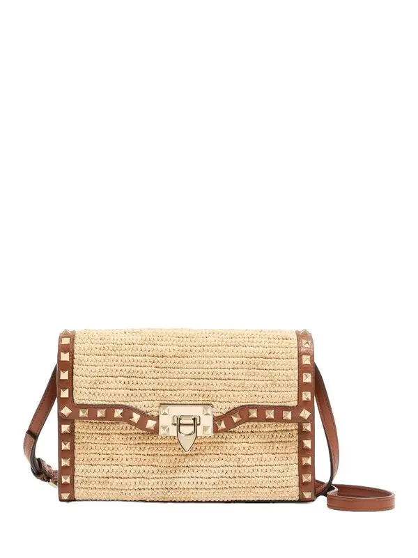 Valentino Garavani Rockstud Small Shoulder Bag In Raffia - Natural/saddle Brown