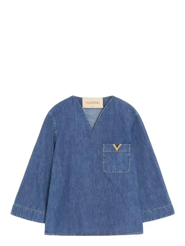 Valentino Garavani Denim Chambray Shirt With V Gold - Blue