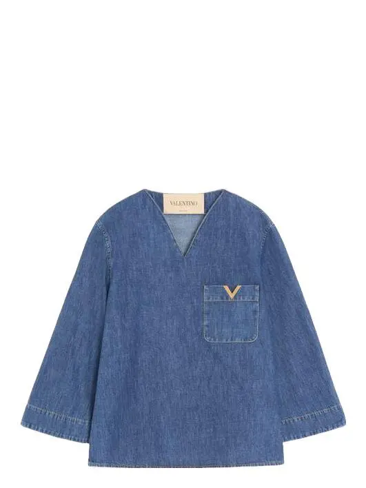 Valentino Garavani Denim Chambray Shirt With V Gold - Blue