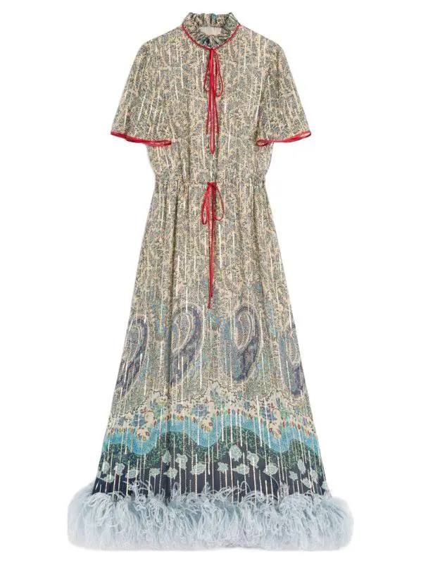 Valentino Garavani Pekin Midi Dress With Voyage Imaginaire Paisley And Feather Boa - Multicolour