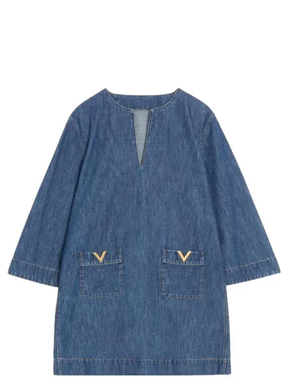 Valentino Garavani Denim Chambray Dress With V Gold Detail - Blue