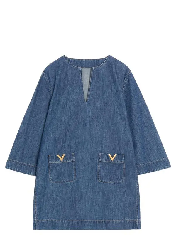 Valentino Garavani Denim Chambray Dress With V Gold Detail - Blue