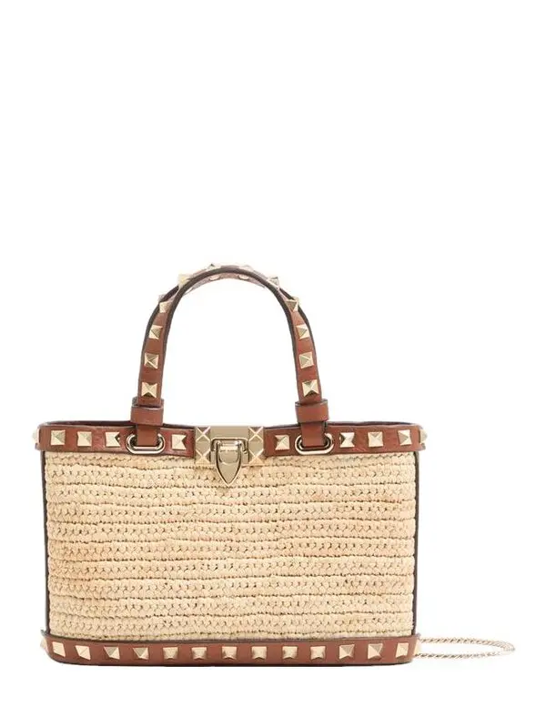 Valentino Garavani Mini Rockstud Raffia Shopping Bag - Natural/saddle Brown