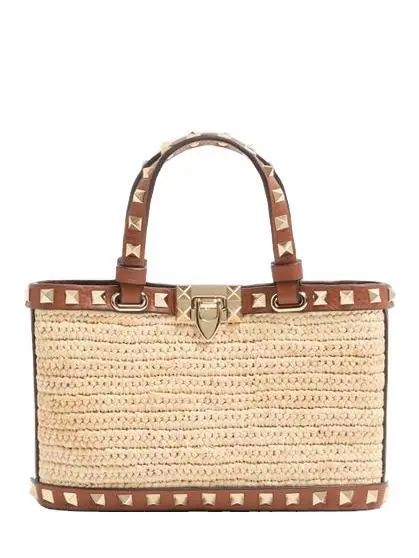 Valentino Garavani Mini Rockstud Raffia Shopping Bag - Natural/saddle Brown