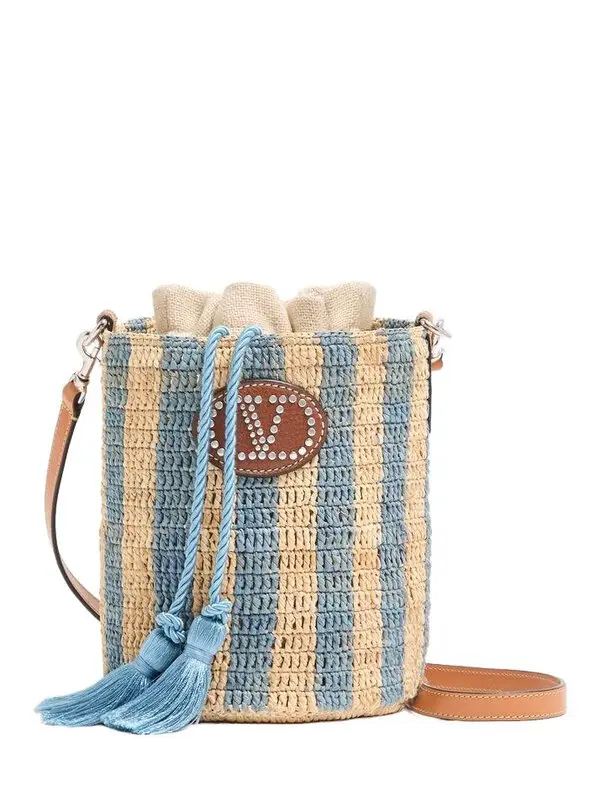 Valentino Garavani Small Striped Raffia Bucket Bag - Natural/azure